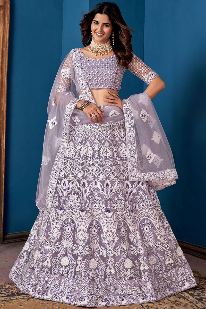 Net Light Purple Resham Embroidered Panelled Lehenga LLCV117798