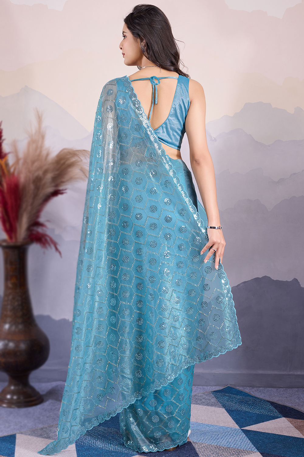 Net Sea Blue Sequins Embroidered Light Weight Saree SARV183738