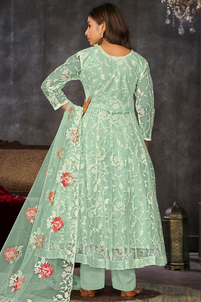 Net Seafoam Green Resham Thread Embroidered Anarkali Suit LSTV127892