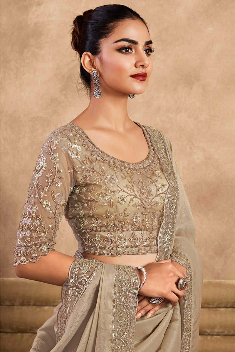 Oat Beige Lace Embroidered Silk Light Weight Saree SARV174029