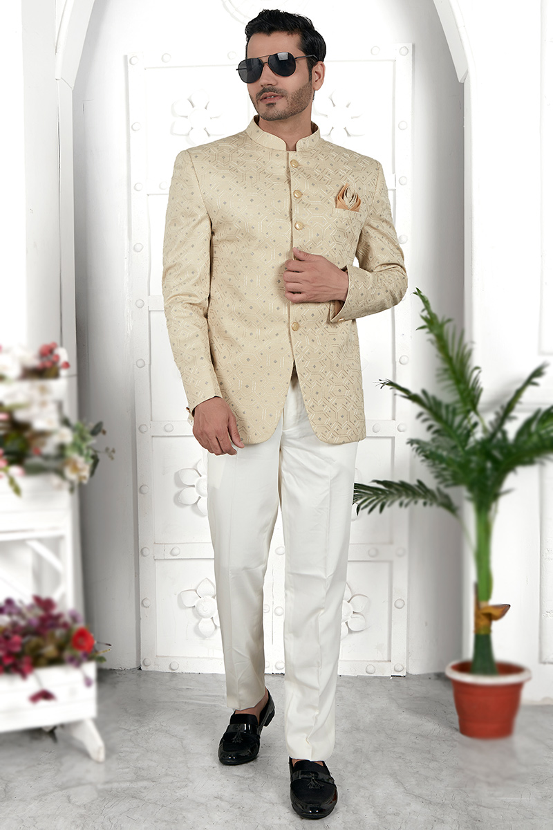 Oat Beige Silk Embroidered Jodhpuri Style Men's Coat Pant MSTV03604