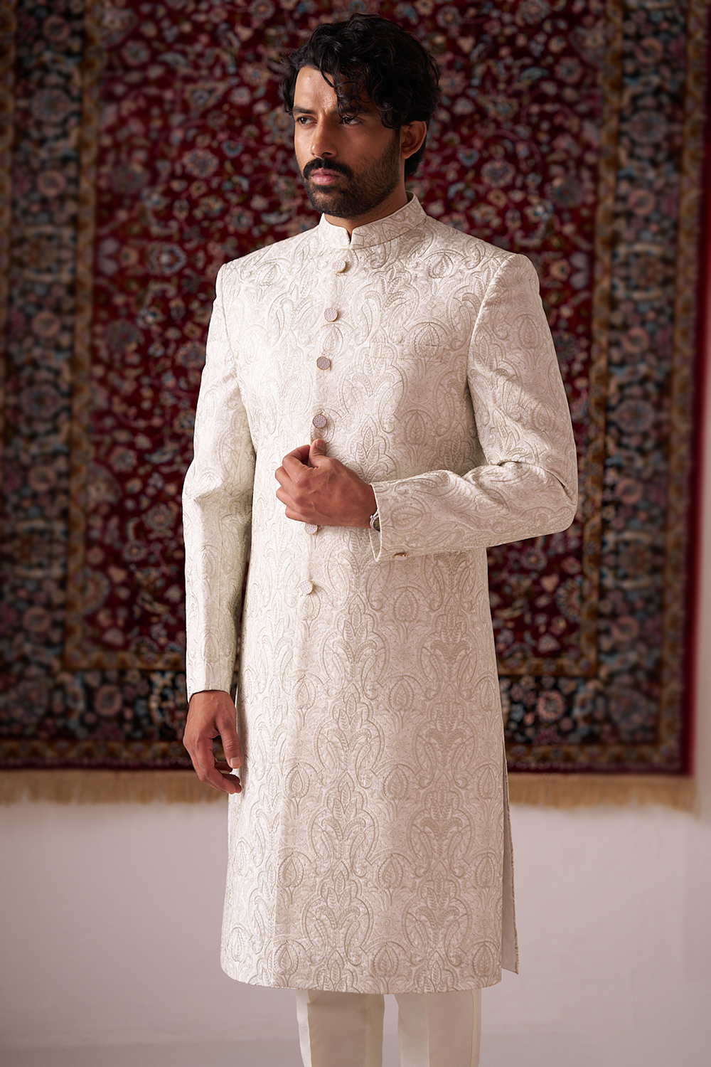 Off White Embroidered Silk Achkan Style Men's Sherwani MSTV03936