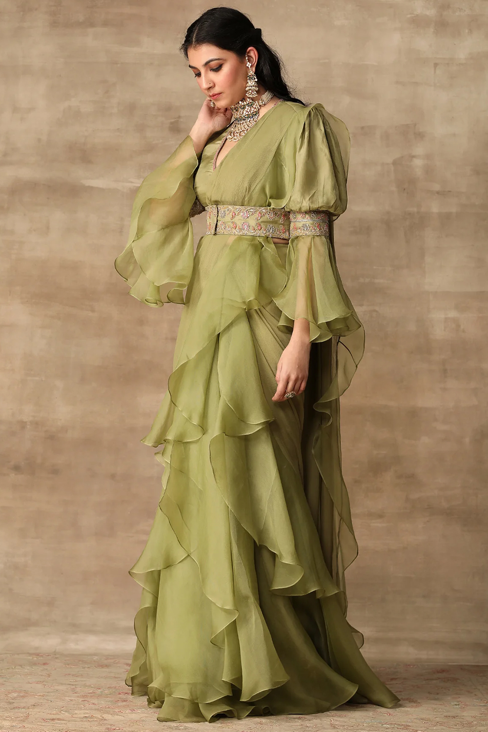Olive Green Plain Organza Ruffle Saree SARV185311