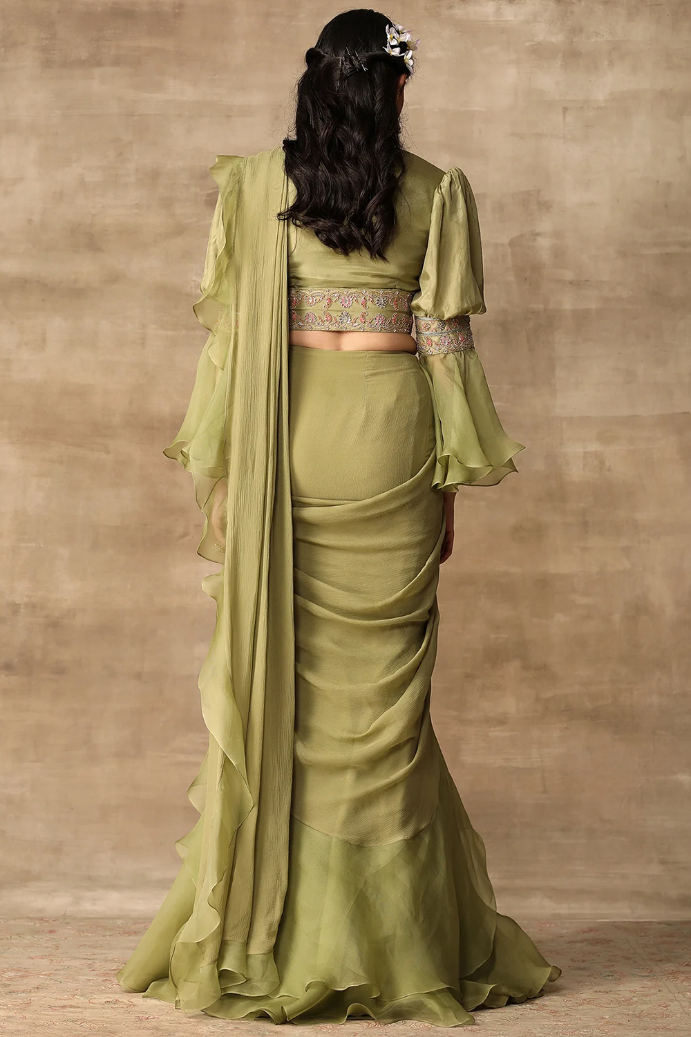 Olive Green Plain Organza Ruffle Saree SARV185311