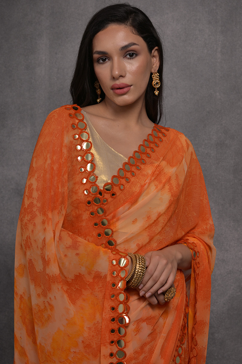 Orange Tie and Dye Printed Georgette Saree SARV170862