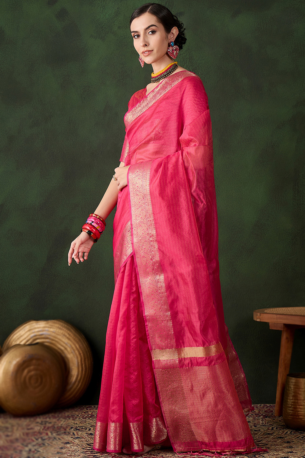 Organza Woven Zari Ruby Pink Festival Wear Saree SARV187194