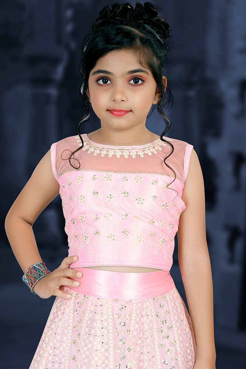 Pale Pink Chikankari Embroidered Net Girl's Lehenga LLCV117228
