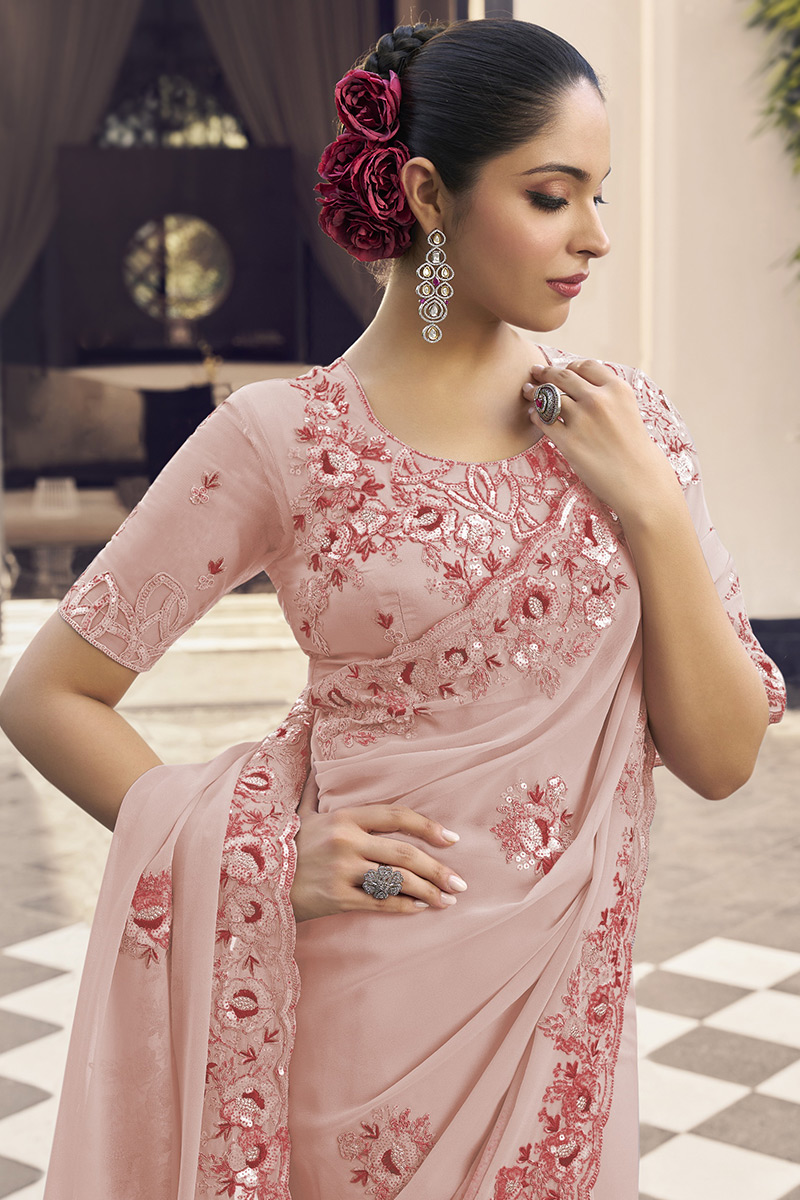 Pale Pink Dori Embroidered Georgette Wedding Wear Saree SARV170196