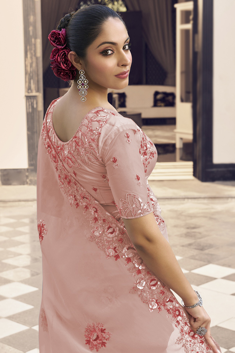 Pale Pink Dori Embroidered Georgette Wedding Wear Saree SARV170196