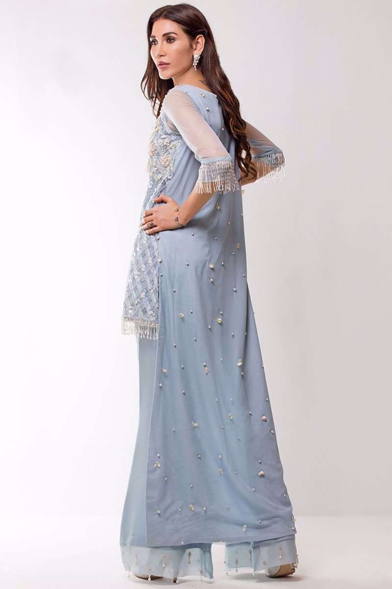Pastel Blue Net Indo-Western Suit With Bell Bottom LSTV120602