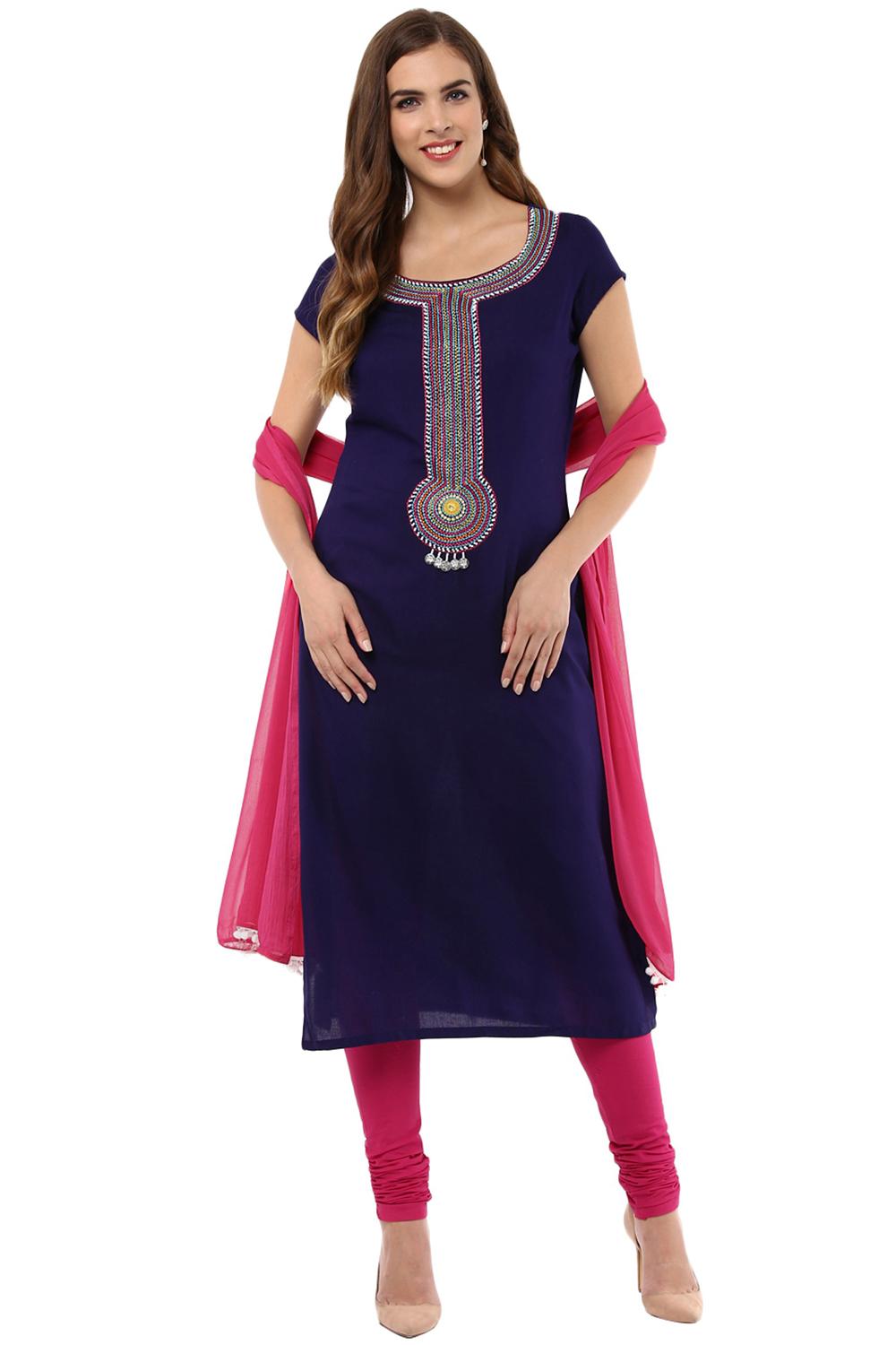 Pastel Dark Blue Cotton Churidar Suit With Faux Mirror Work For ...