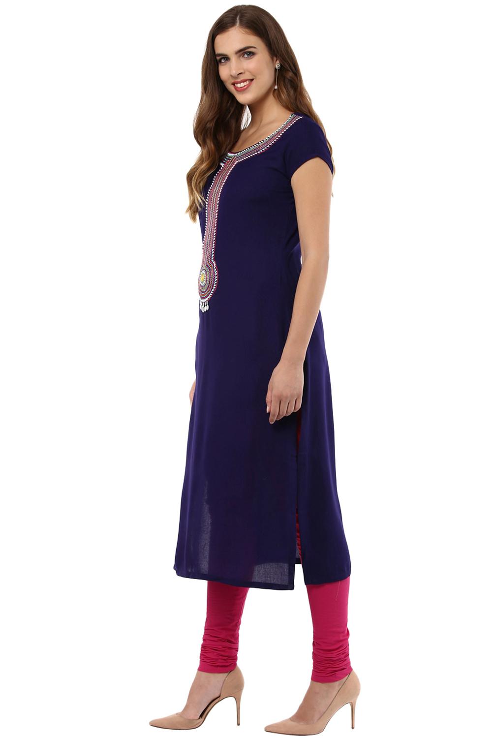 Pastel Dark Blue Cotton Churidar Suit With Faux Mirror Work For ...