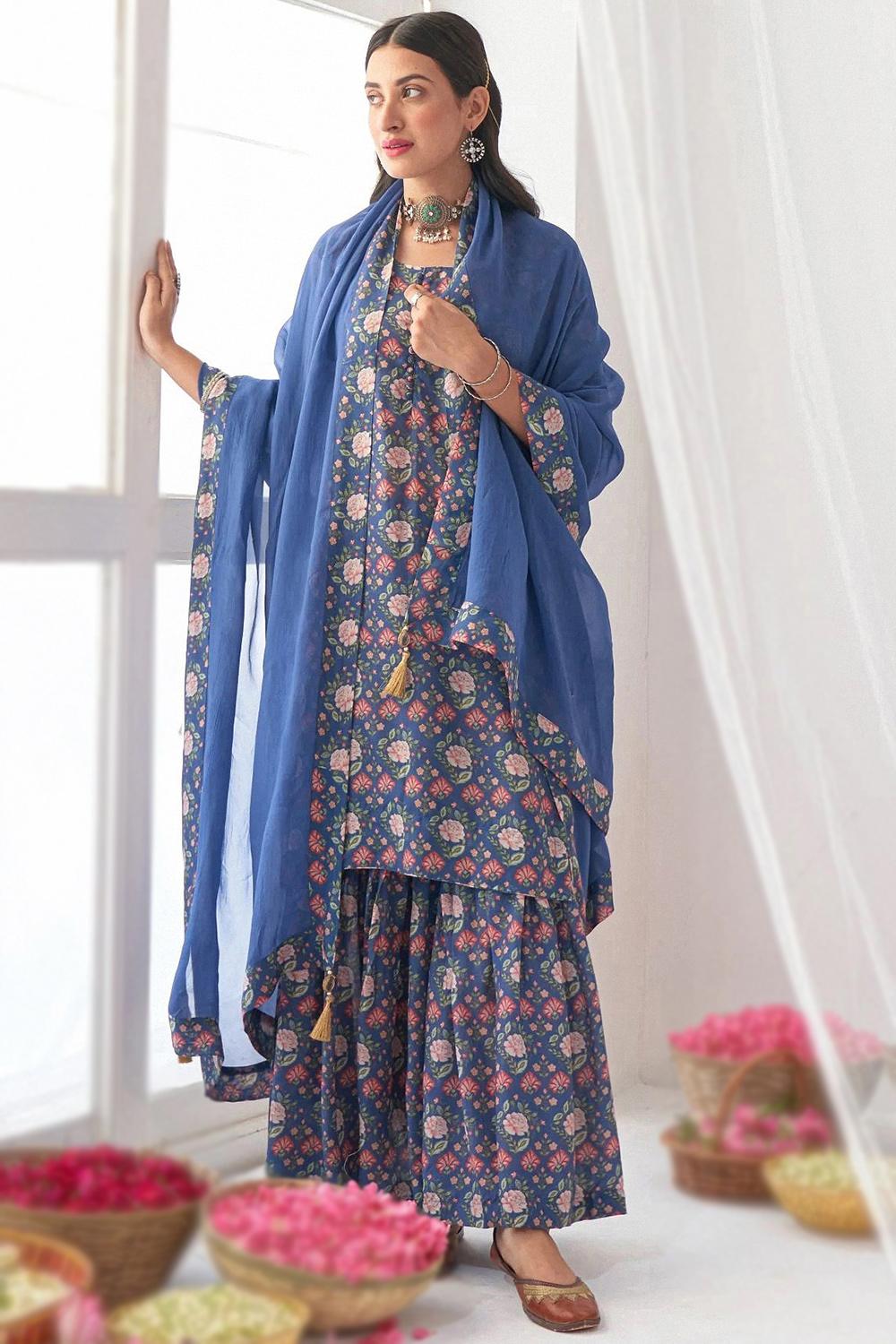 Pastel Dark Blue Floral Printed Cotton Silk Sharara Suit LSTV131026