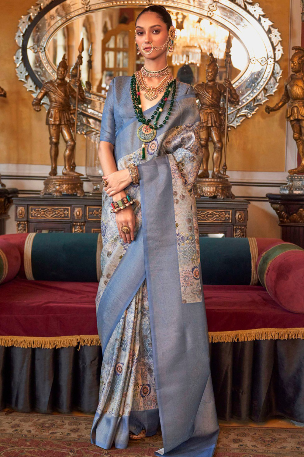 Pastel Dark Blue Silk Printed Broad Border Saree SARV186030