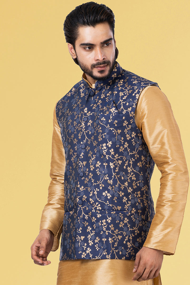 Pastel Dark Blue Silk Woven Zari Men's Waist Coat MWCV027