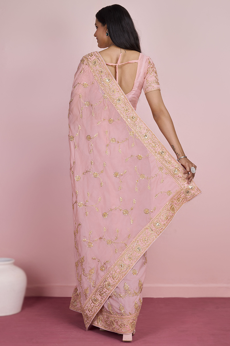 Pastel Pink Dori Embroidered Organza Lightweight Saree SARV179134