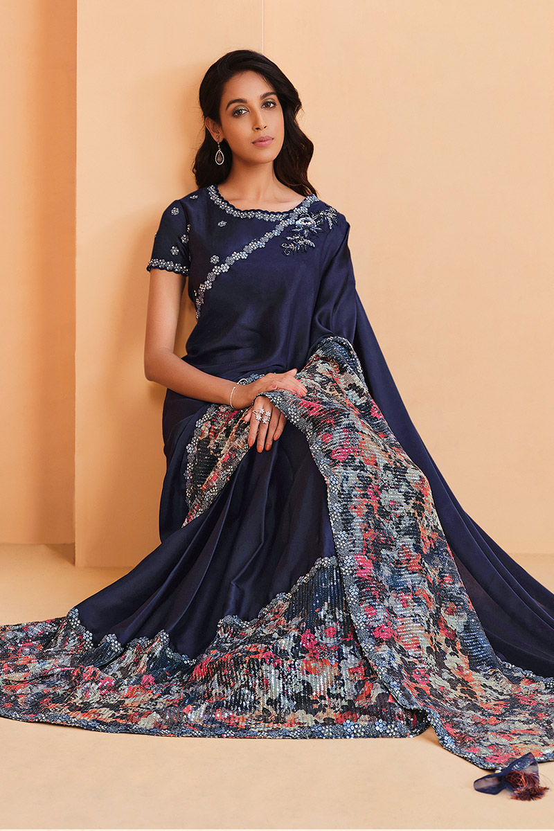 Sequins Embroidered Satin Dark Blue Saree|SARV154627