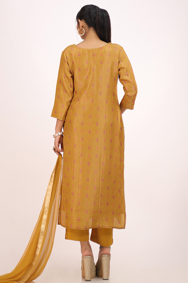 Weaved Mustard Yellow Dola Silk Straight Pants Suit For Raya LSTV129181