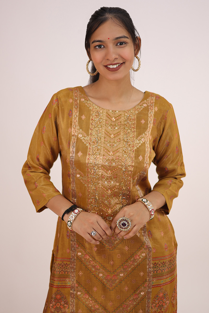 Weaved Mustard Yellow Dola Silk Straight Pants Suit For Raya LSTV129181