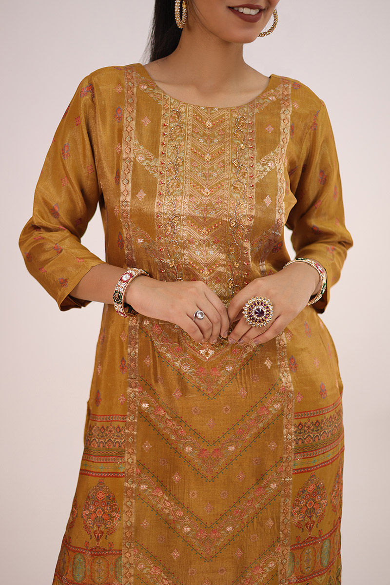 Weaved Mustard Yellow Dola Silk Straight Pants Suit For Raya LSTV129181