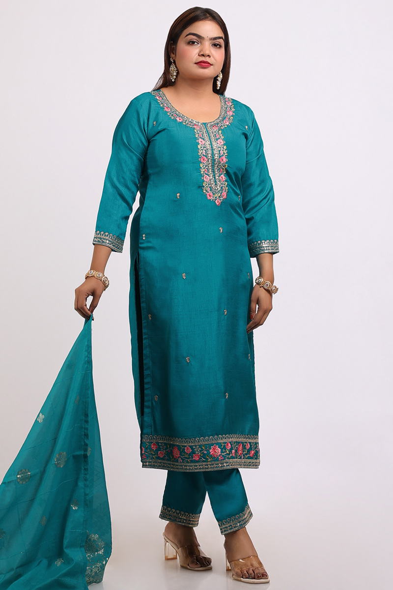 Silk Embroidered Turquoise Blue Straight Cut Trouser Suit LSTV130065