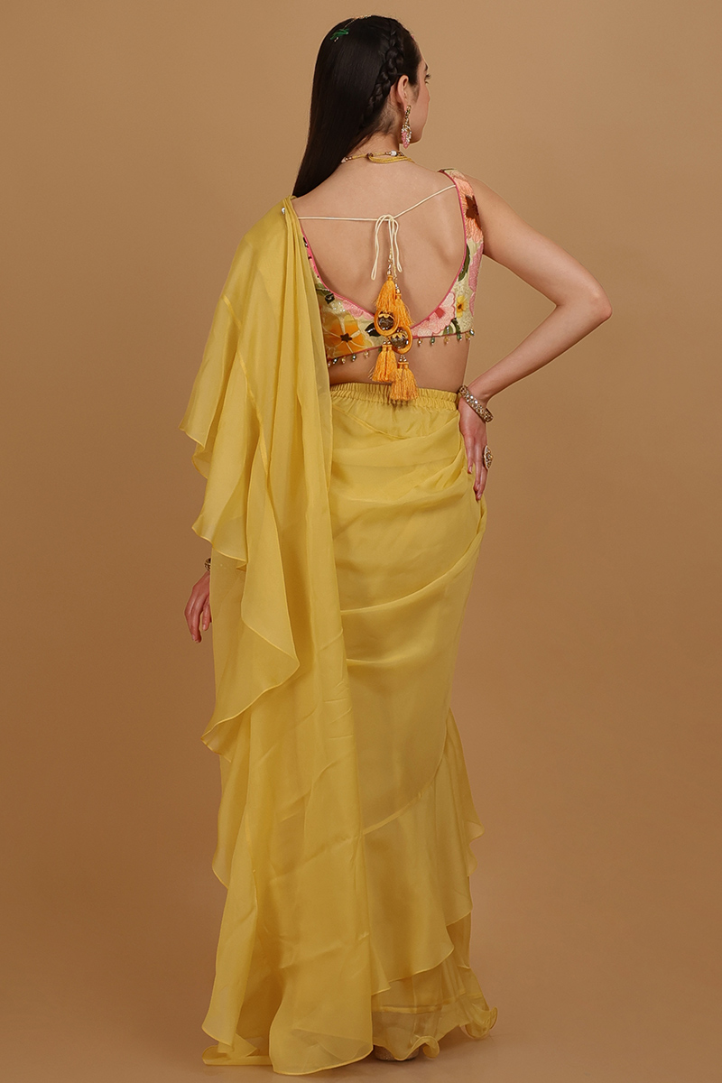 Organza Light Yellow Ruffle Style Pre-stitch Saree For Haldi |SARV173400