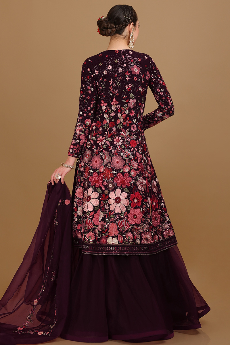 Plain Georgette Plum Purple Lehenga With Long Choli LLCV118156