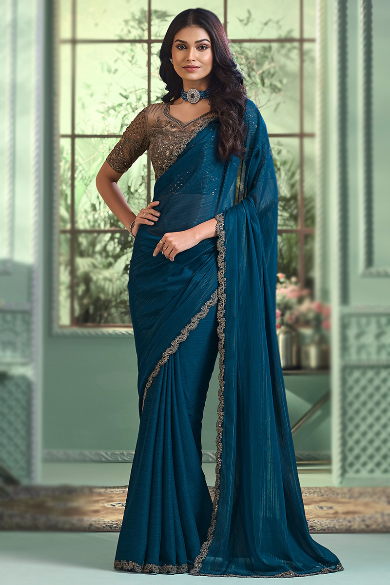 Peacock Blue Lace Embroidered Chiffon Shimmer Saree SARV177271