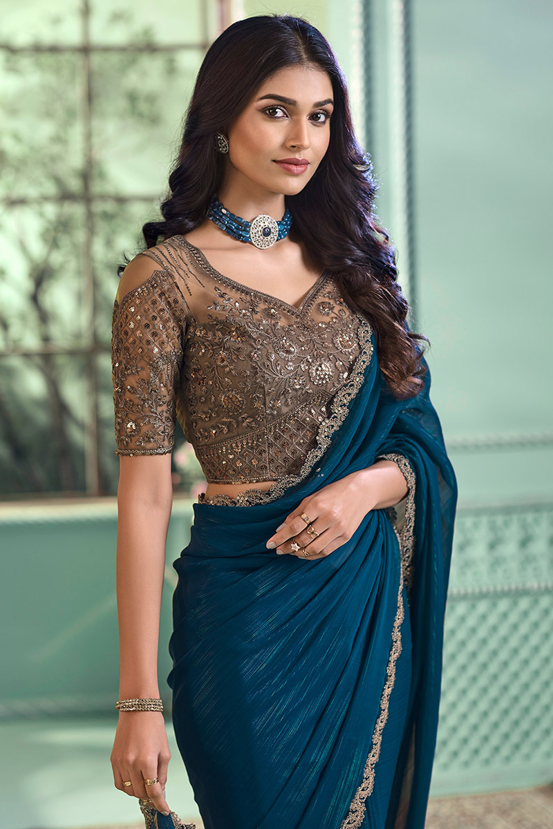 Peacock Blue Lace Embroidered Chiffon Shimmer Saree SARV177271