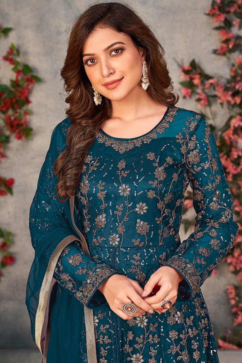 Buy Peacock Blue Net Embroidered Eid Anarkali Suit LSTV118252
