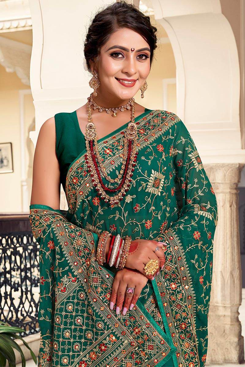 Peacock Green Georgette Embroidered Saree For Mehndi SARV171045