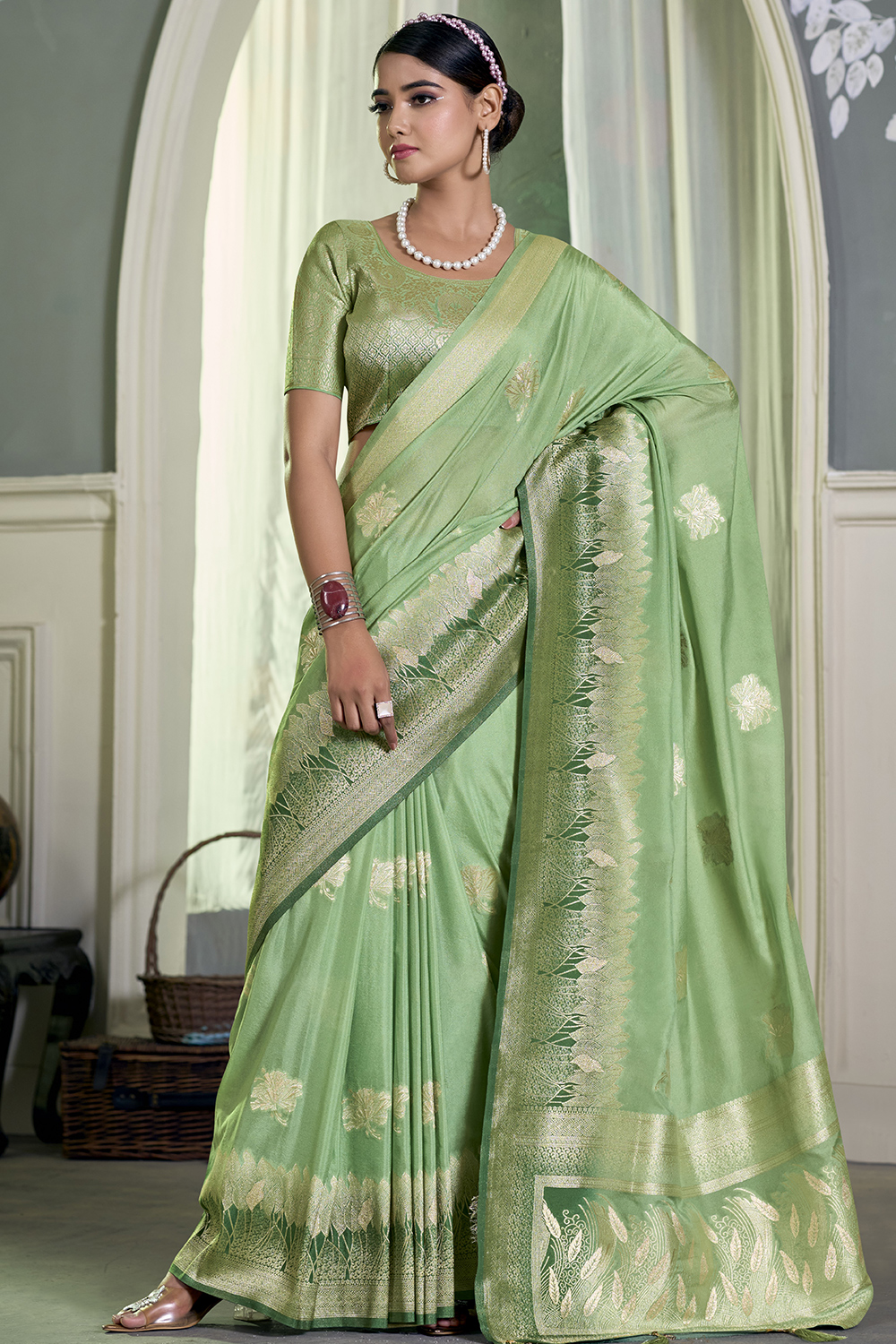 Pistachio Green Broad Border Weaved Zari Artificial Silk Saree SARV190819