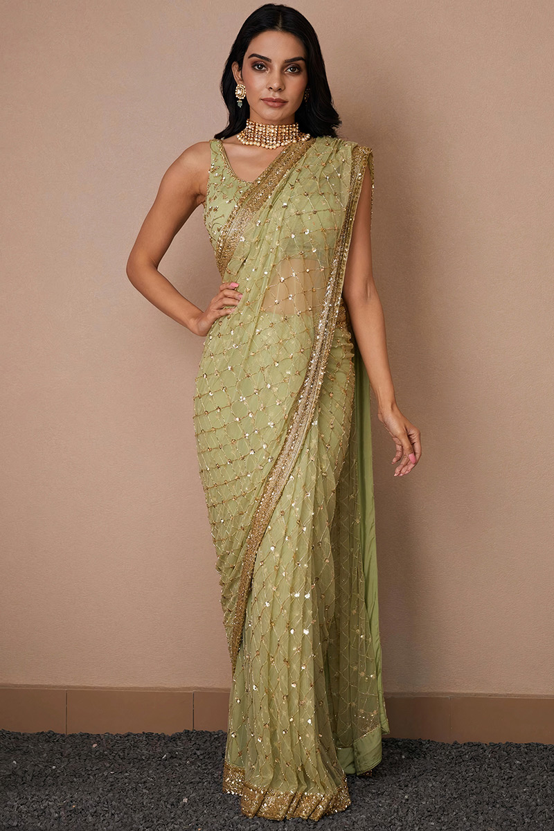 Pistachio Green Soft Silk Embroidered Cocktail Fancy Saree SARV164010