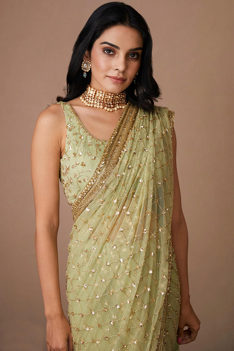 Pistachio Green Soft Silk Embroidered Cocktail Fancy Saree SARV164010