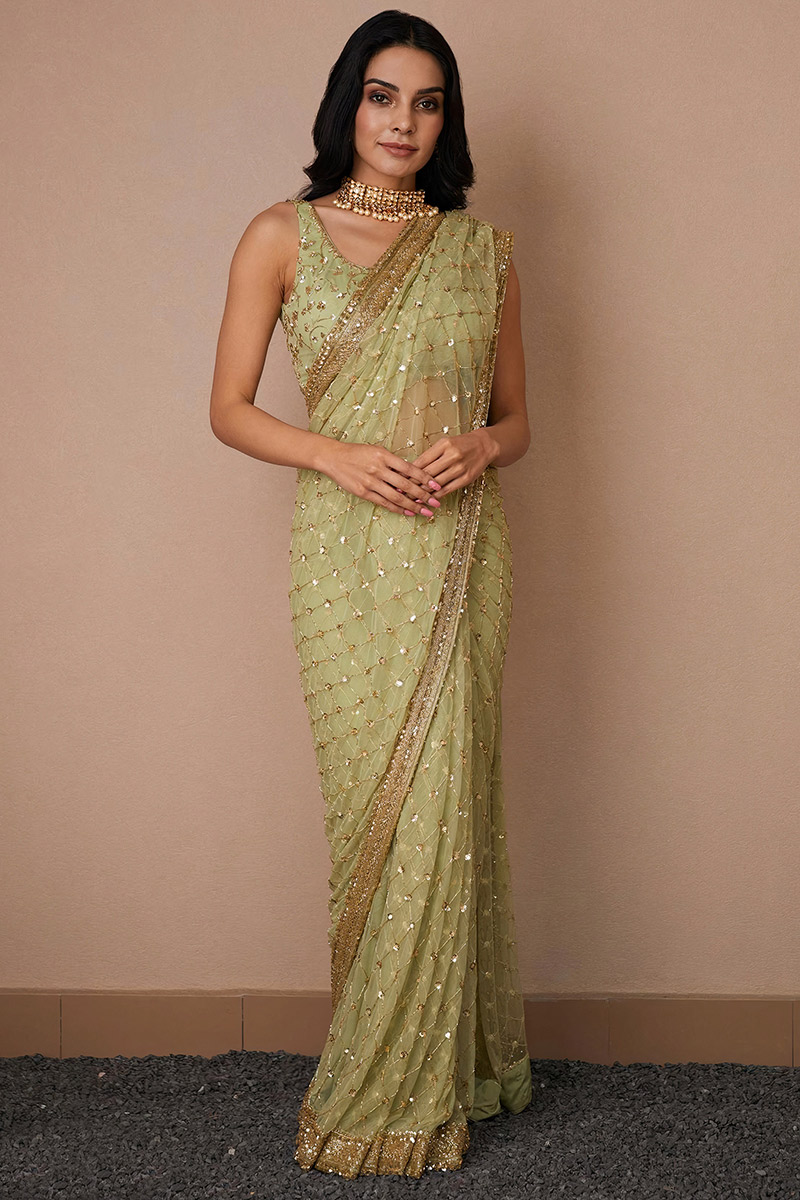 Pistachio Green Soft Silk Embroidered Cocktail Fancy Saree SARV164010