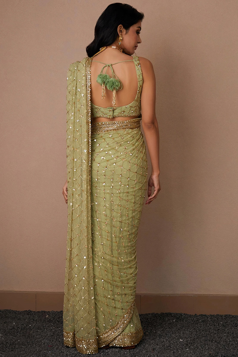 Light Pistachio Green Soft Silk Embroidered Cocktail Fancy Saree SARV164010