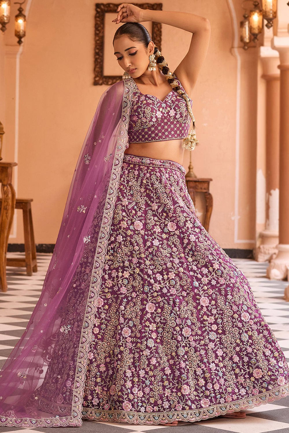 Plum Purple Net A Line Embroidered Lehenga - LLCV123263