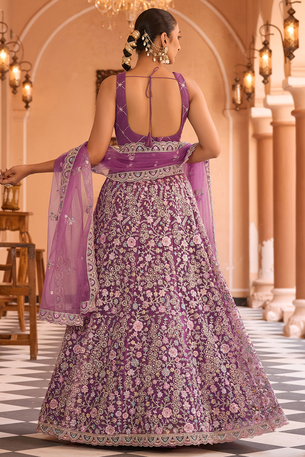 Plum Purple Net A Line Embroidered Lehenga - LLCV123263