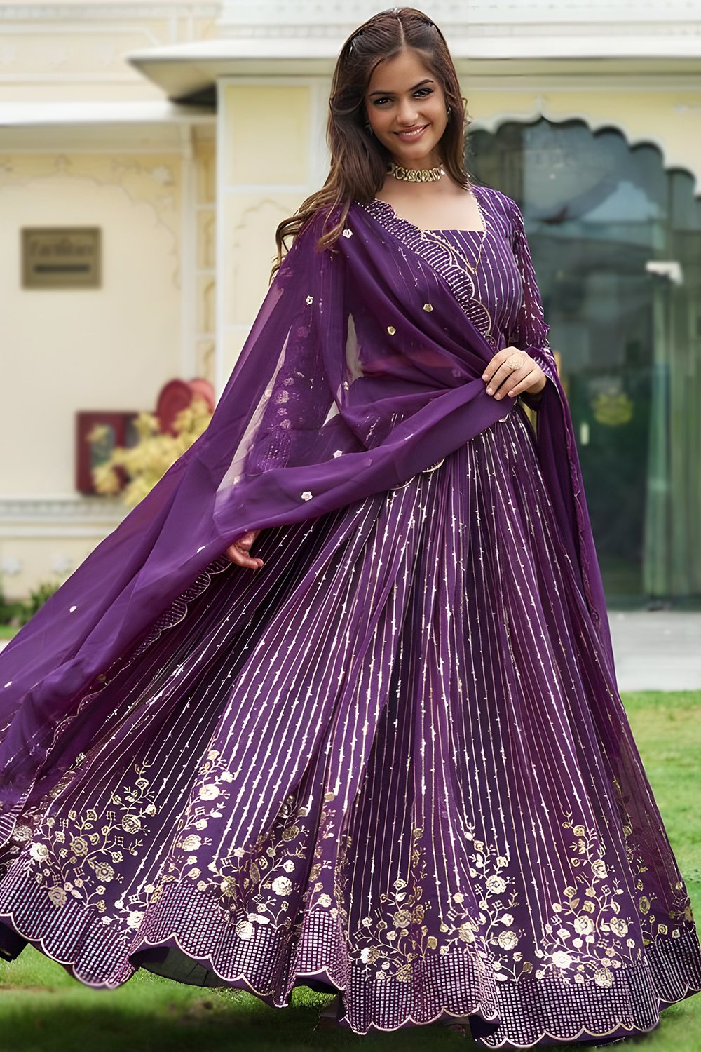 Plum Purple Sequins Embroidered Flared Style Georgette Lehenga LLCV119833