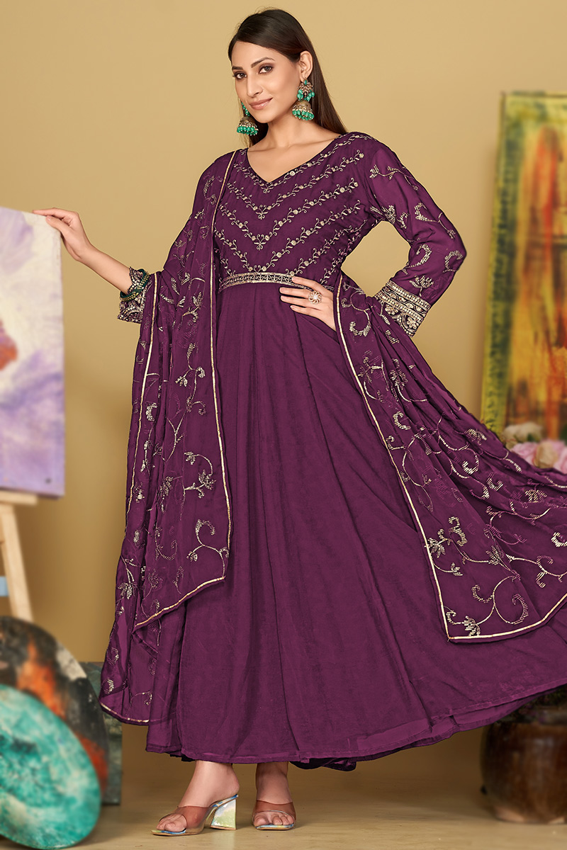Plum Purple Sequins Embroidered Georgette Anarkali Suit LSTV128647