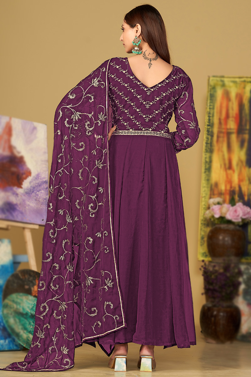 Plum Purple Sequins Embroidered Georgette Anarkali Suit LSTV128647