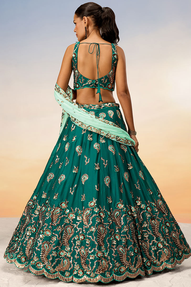 Poly Georgette Teal Green Embroidered Flared Lehenga LLCV118874
