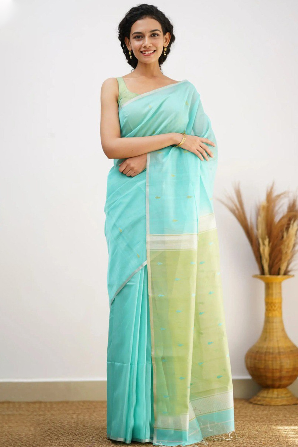 Powder Blue Cotton Weaved Thread Light Weight Saree SARV190292