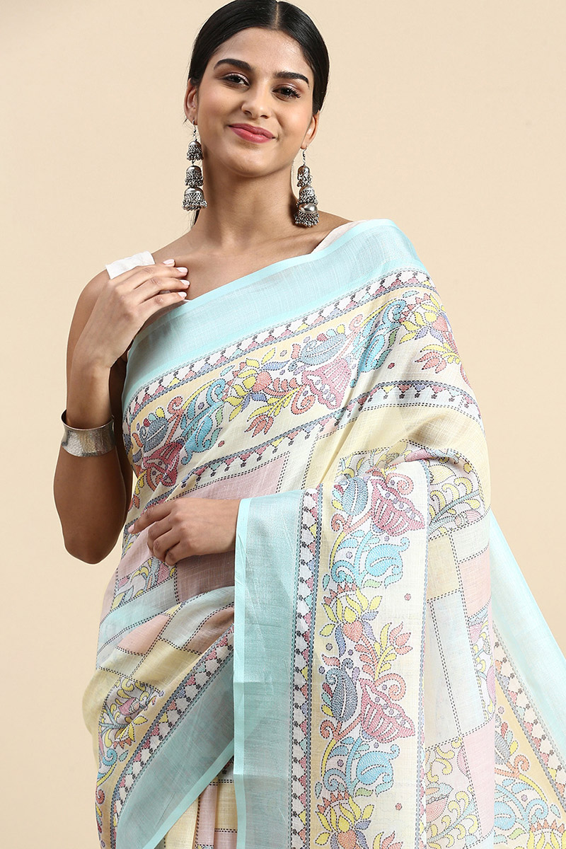 Powder Blue Linen Printed Casual Wear Kantha Saree SARV176296