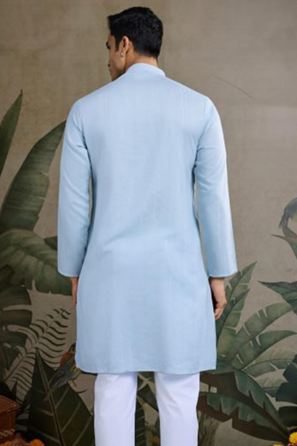 Powder Blue Men's Kurta with Weaved Work for Diwali Festival - MKV00999
