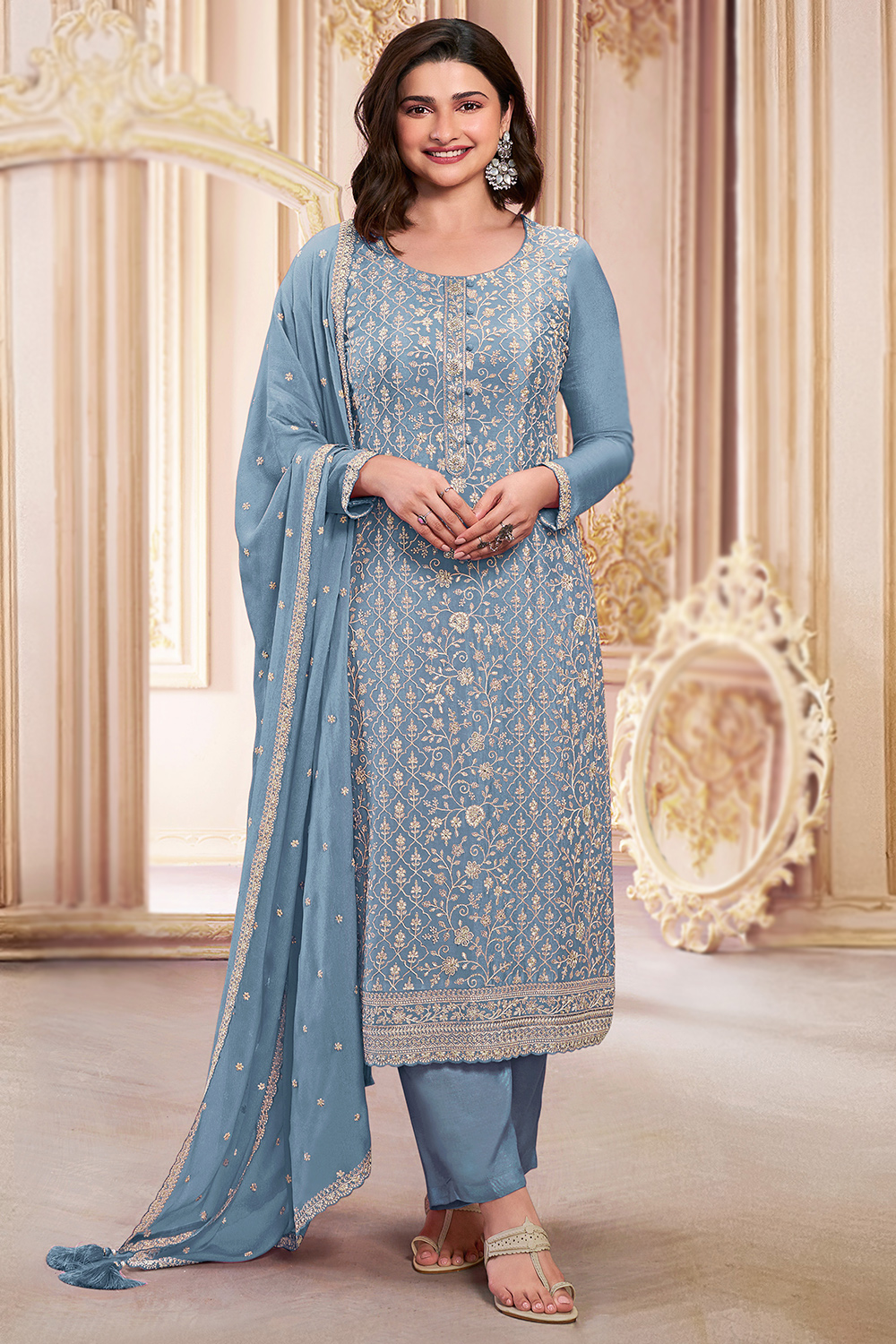 Powder Blue Silk Zari Embroidered Straight Cut Trouser Suit LSTV130394