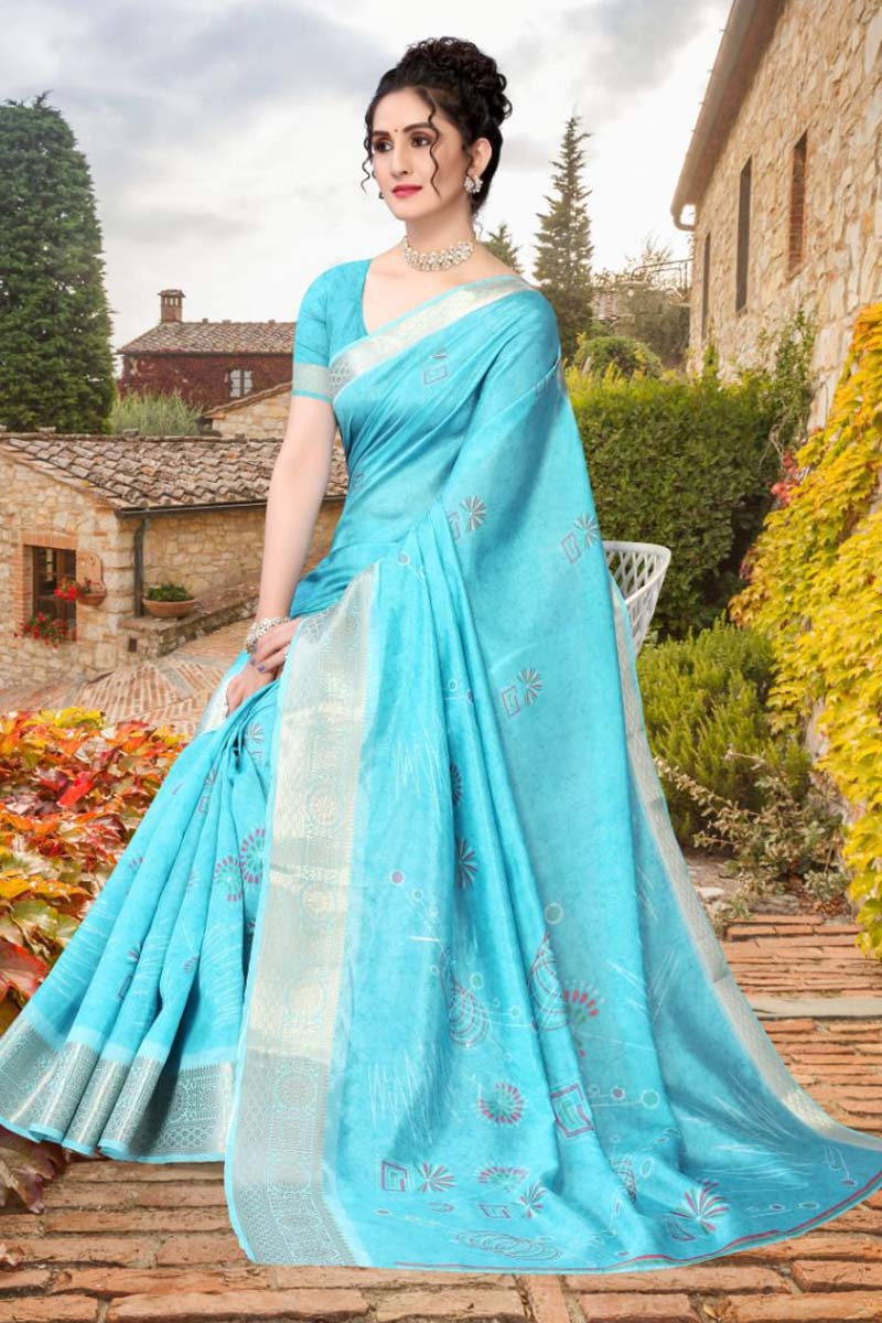 Women's Printed Silk Sky Blue Saree|SARV138866