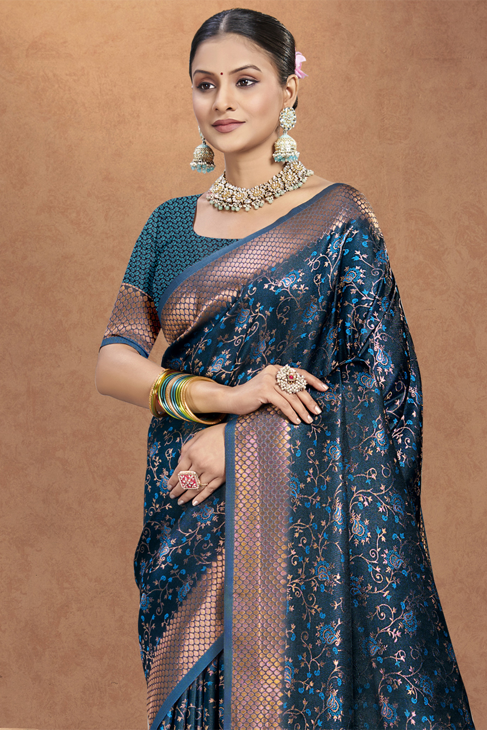 Prussian Blue Artificial Silk Woven Zari Broad Border Saree SARV190191