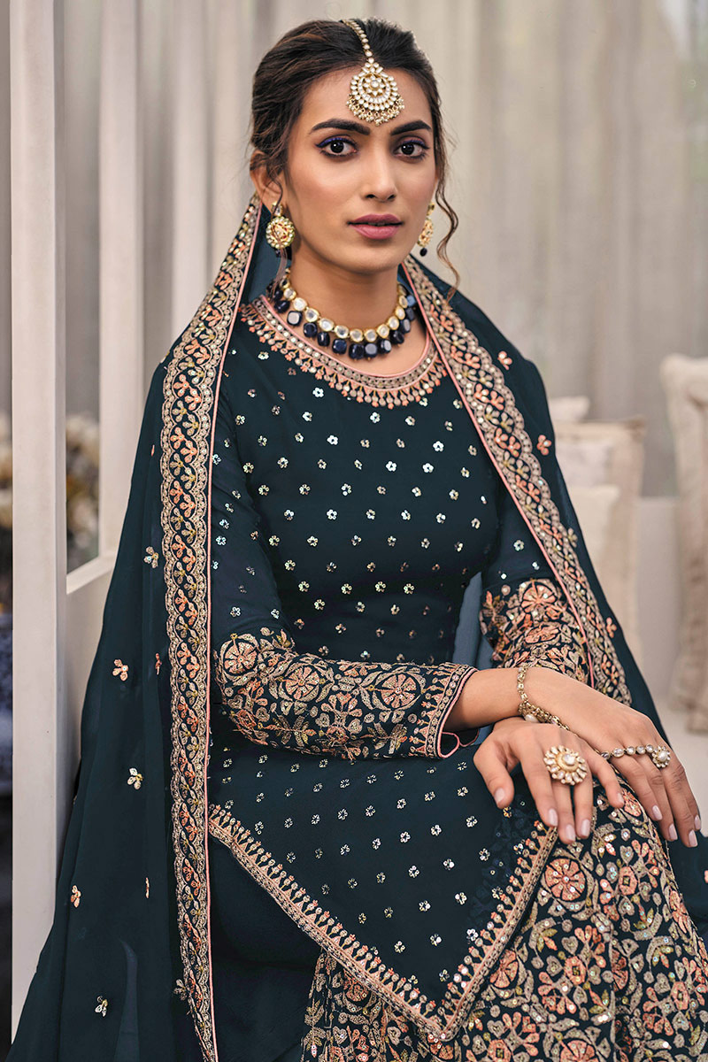 Prussian Blue Georgette Embroidered Straight Cut Sharara Suit LSTV126329