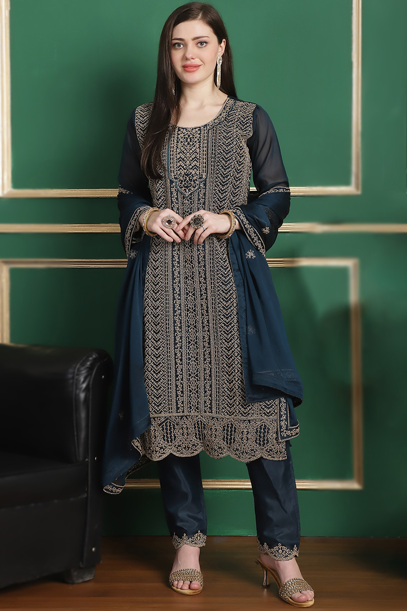 Prussian Blue Georgette Embroidered Straight Cut Trouser Suit LSTV128828
